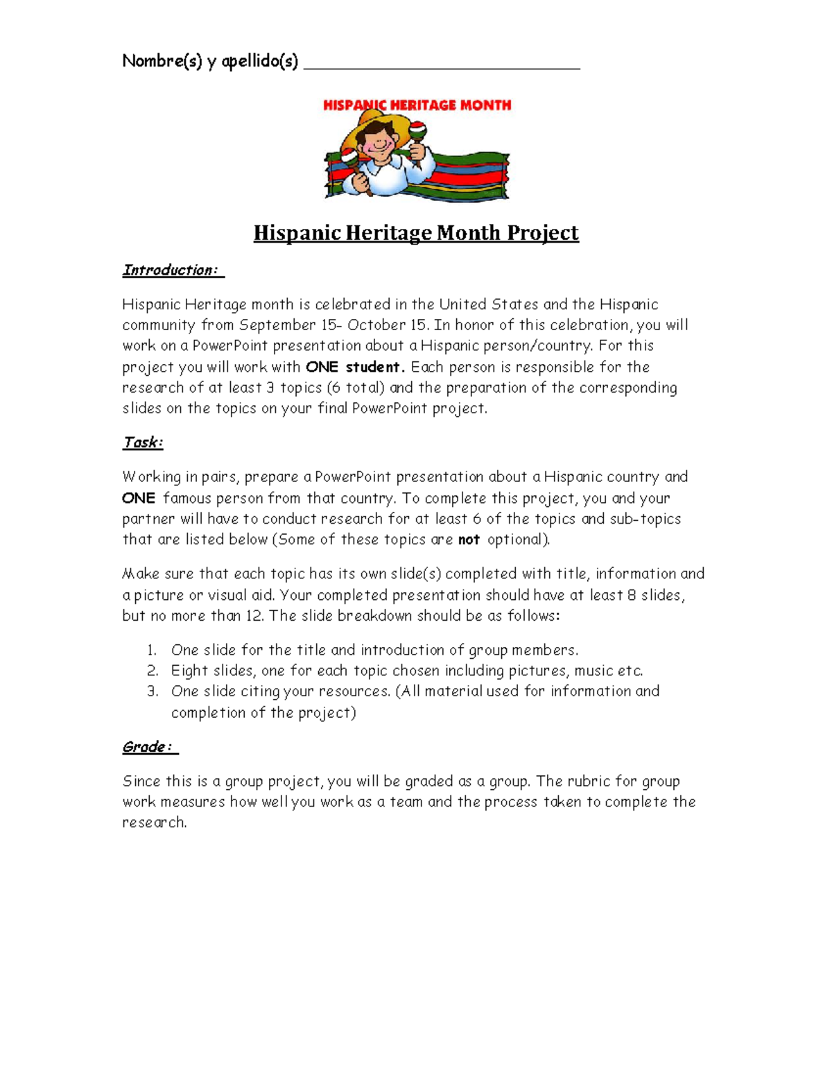 Hispanic Heritage Month Project - Nombre(s) y apellido(s ...