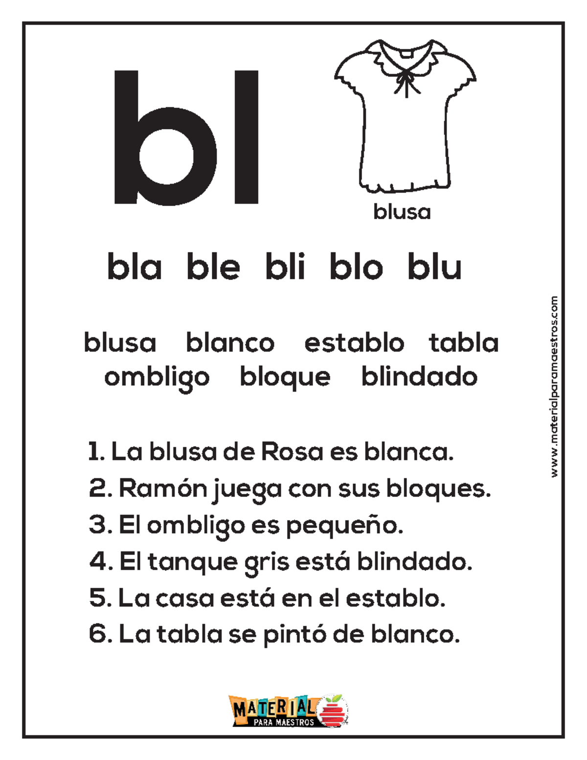 Hojas de lectura de las silabas trabadas - bl blusa bla ble bli blo blu ...