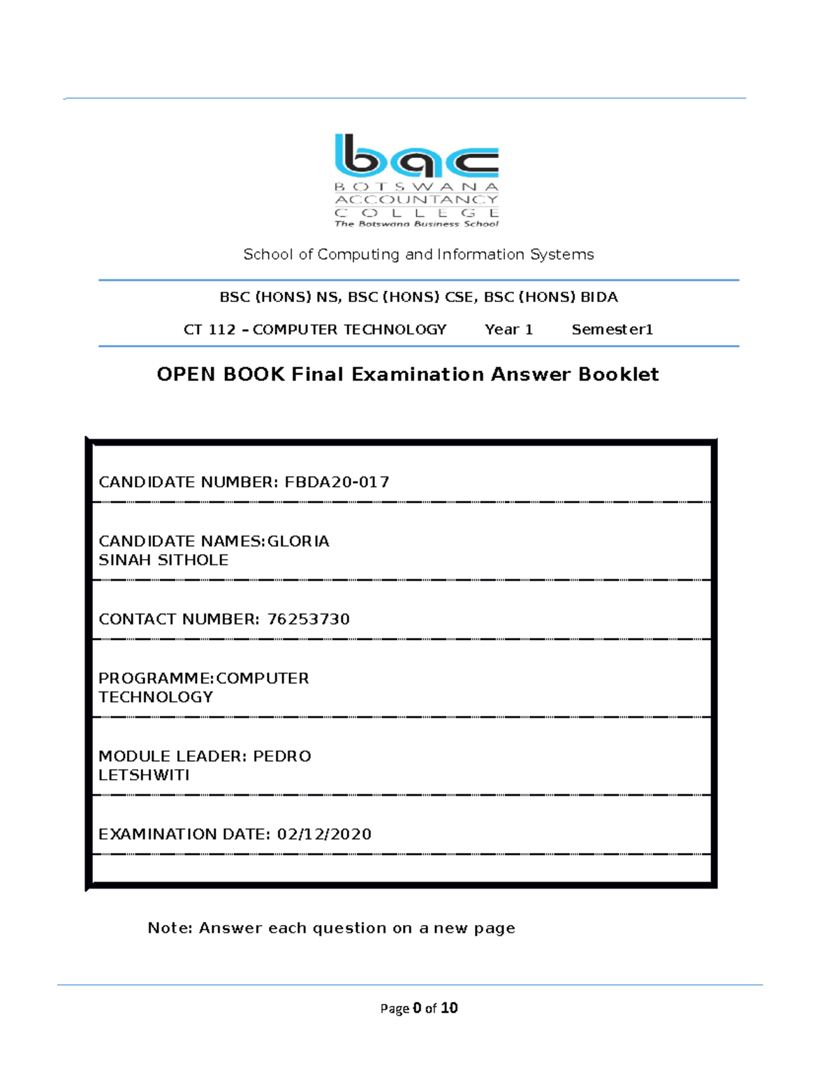 CT Final Examination Nov2020 Answer Booklet - School of Computing and Information Systems BSC ...