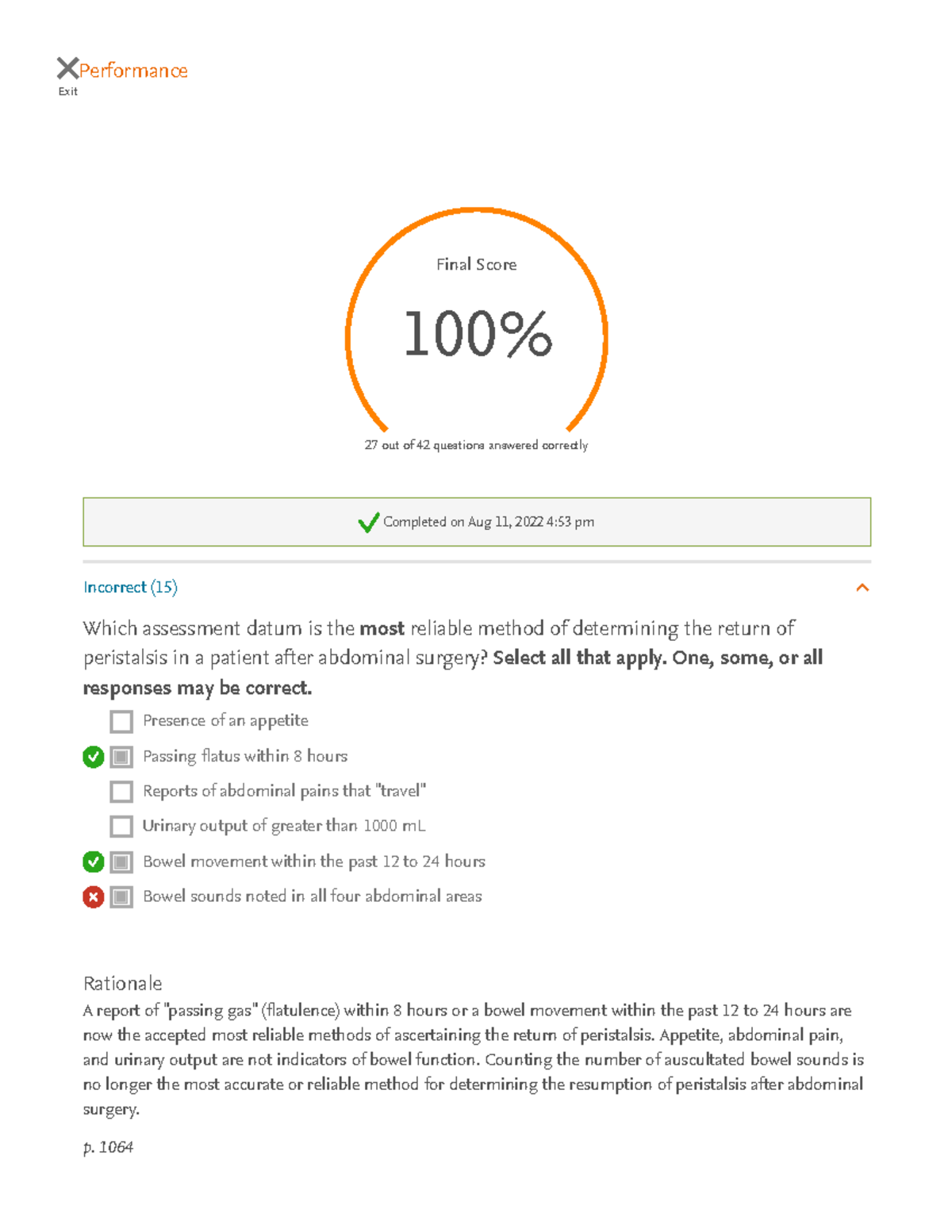 CH - Elsevier adaptive quizzes - Exit Performance Final Score 100% 27 ...