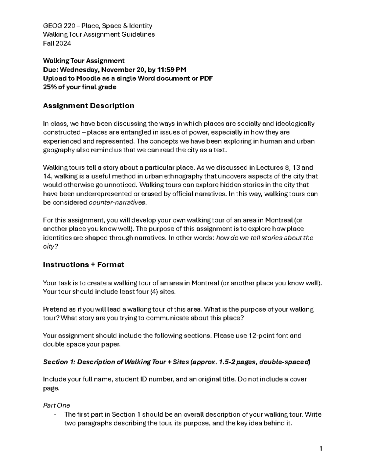 GEOG 220 - Walking Tour Assignment Guidelines and Rubric - Walking Tour ...