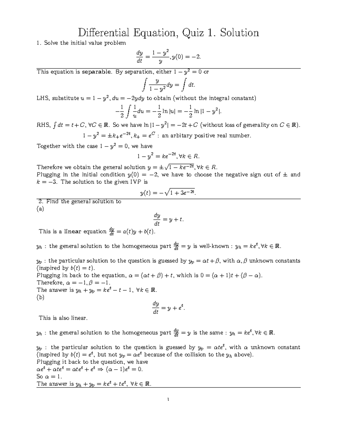 2410Q Quiz01 solution - Differential Equation, Quiz 1. Solution 1 ...