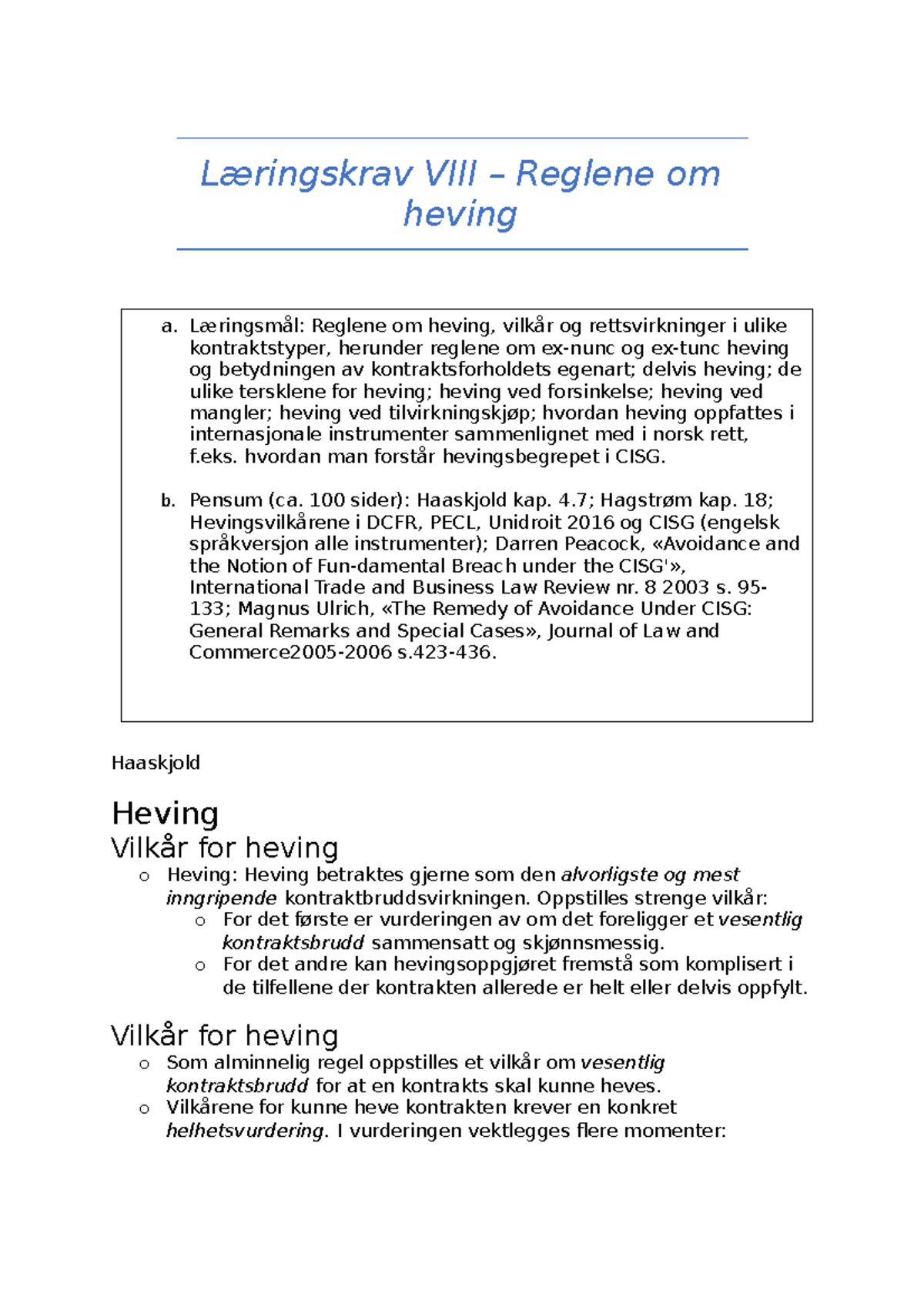 Læringskrav VIII - Heving - Læringskrav VIII – Reglene om heving ...