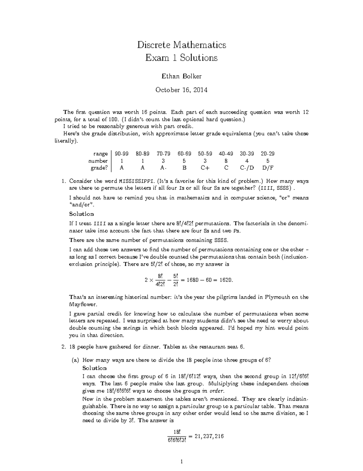 Exam1solutions - Discrete Mathematics Exam 1 Solutions Ethan Bolker ...