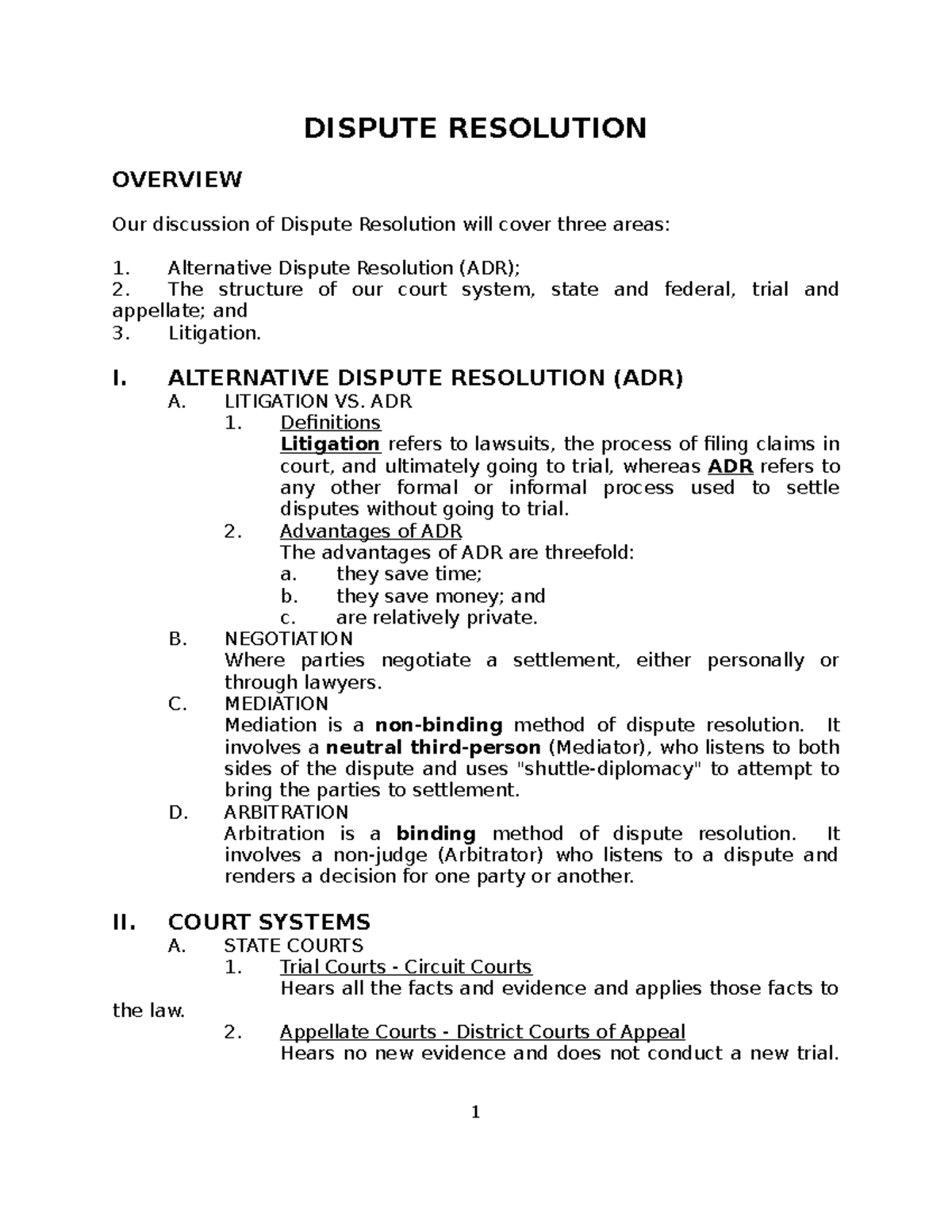 Dispute Resolution - quiz notes - DISPUTE RESOLUTION OVERVIEW Our ...