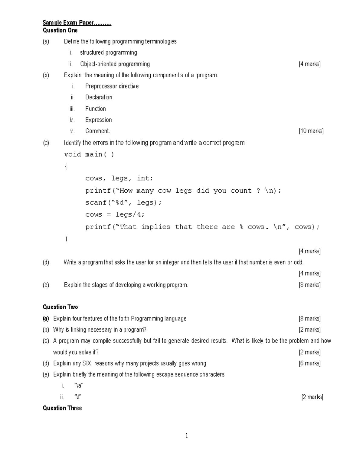 Computer Programming - good - 1 Sample Exam Paper.......... Question ...
