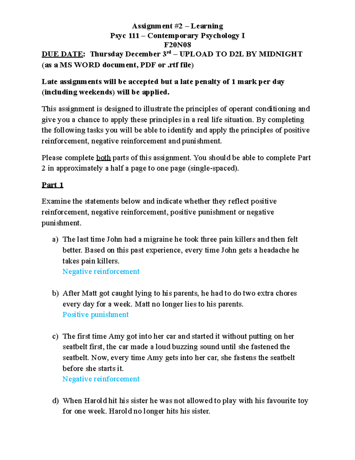 Assignment 2 Learning for psych 111 at viu - Assignment #2 – Learning Psyc 111 – Contemporary ...