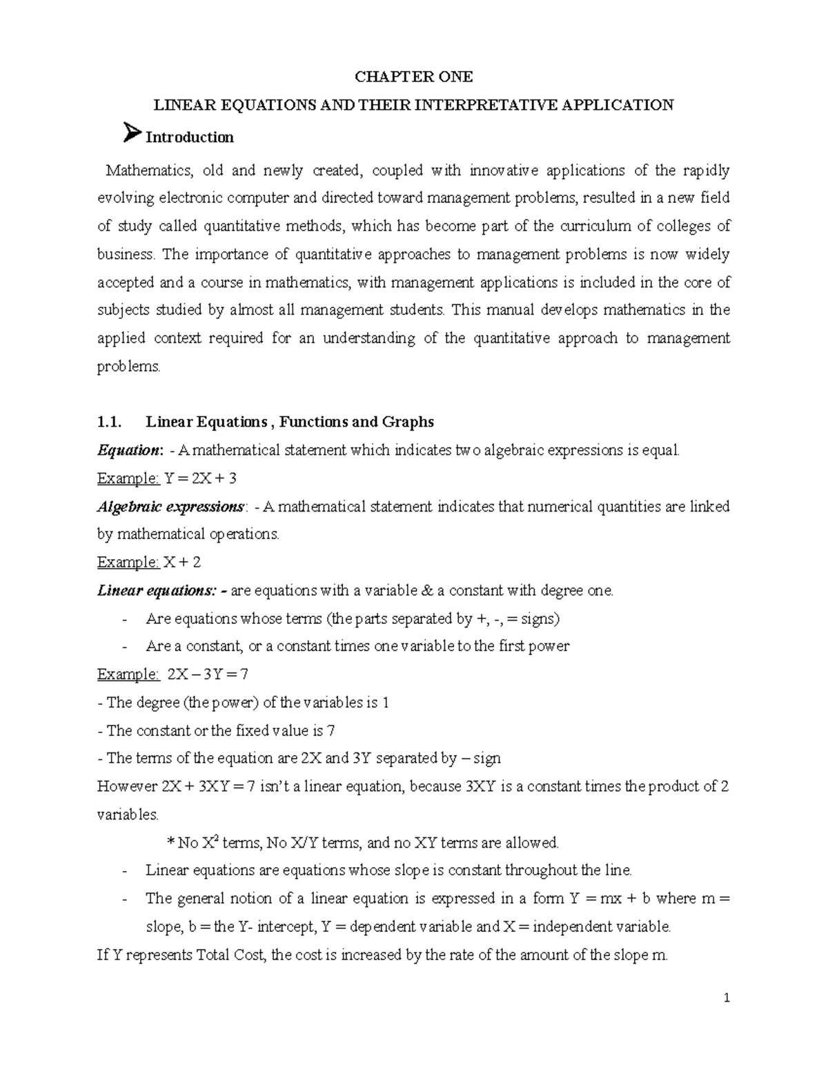 BUSINESS AND MANAGMENT - CHAPTER ONE LINEAR EQUATIONS AND THEIR ...