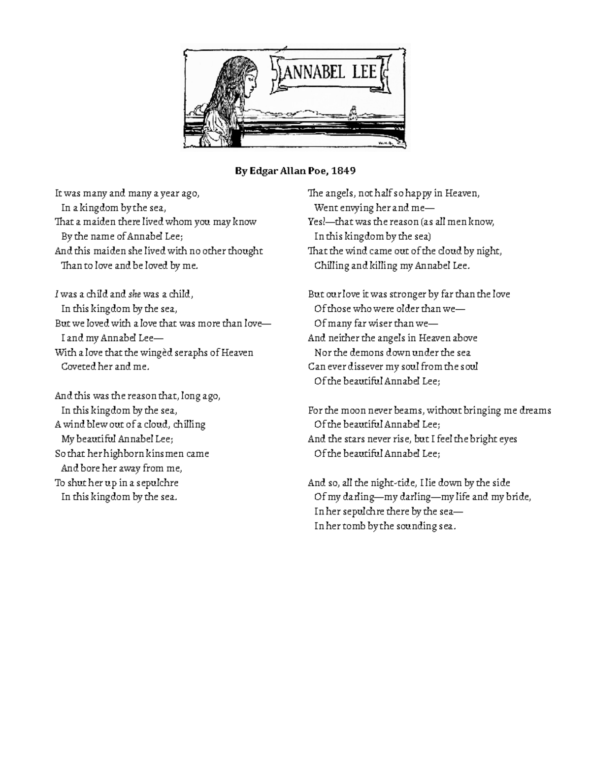 Copy of Annabel Lee poetry analysis activity - By Edgar Allan Poe, 1849 ...