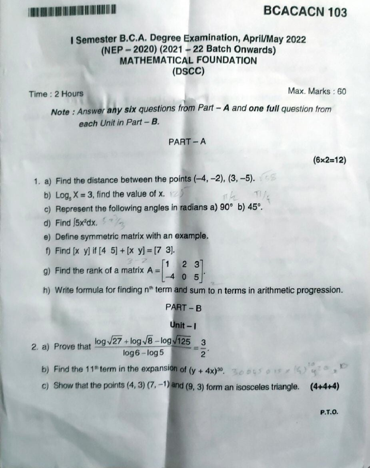 NEP - Mathematical Foundation QP-2022 - BCACACN 103 I Semester B.C ...