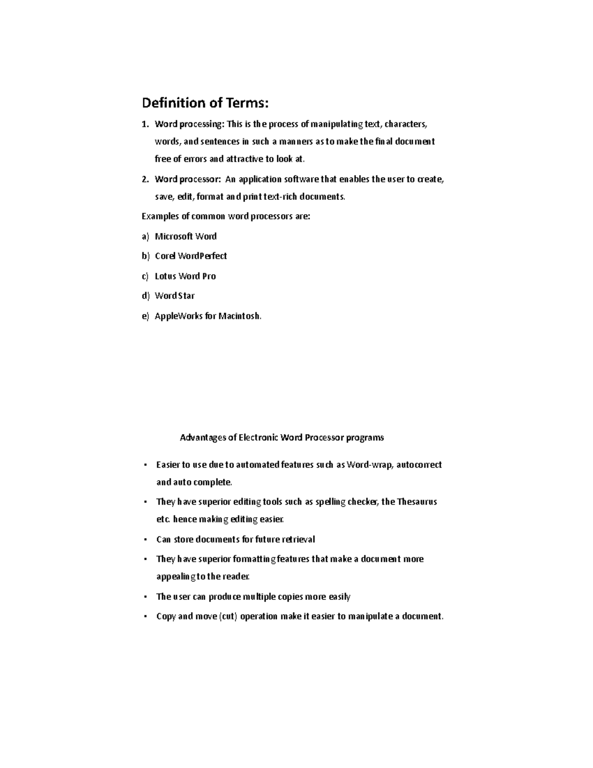 WORD Processing - Lecture Notes - Definition of Terms: Word processing ...