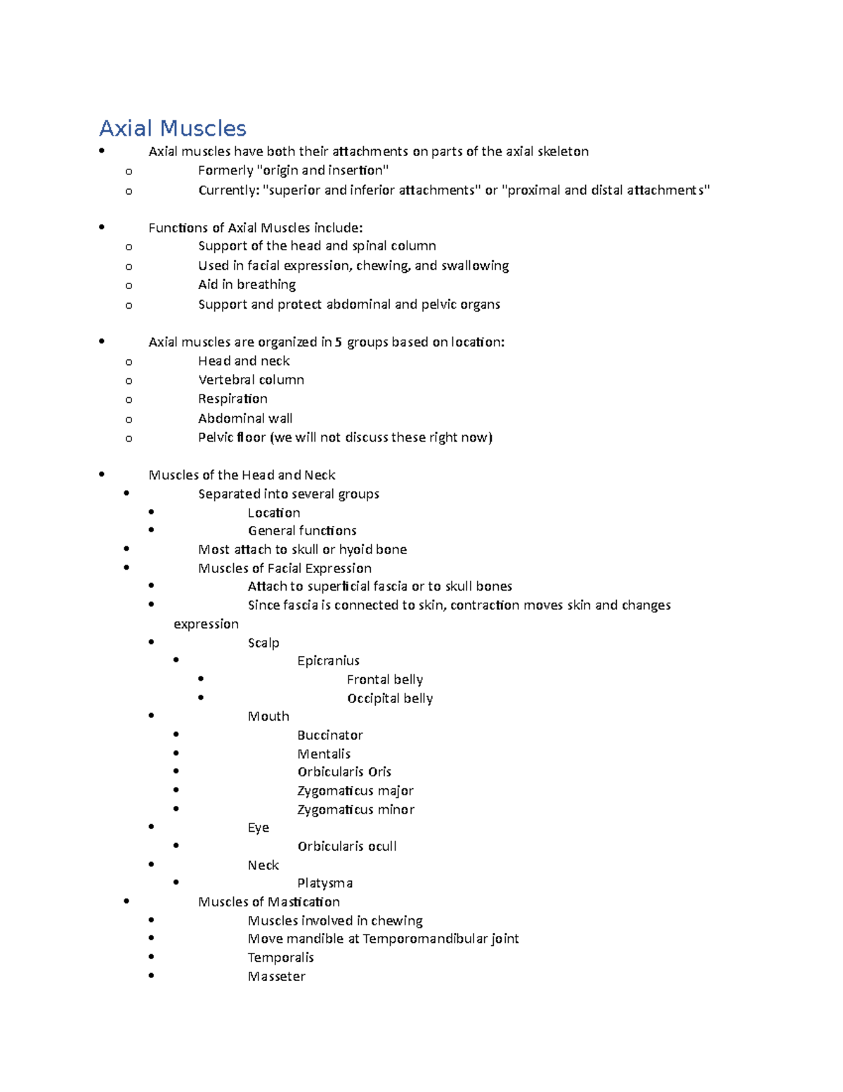 Axial Muscles - Lecture notes 11 - Axial Muscles Axial muscles have ...