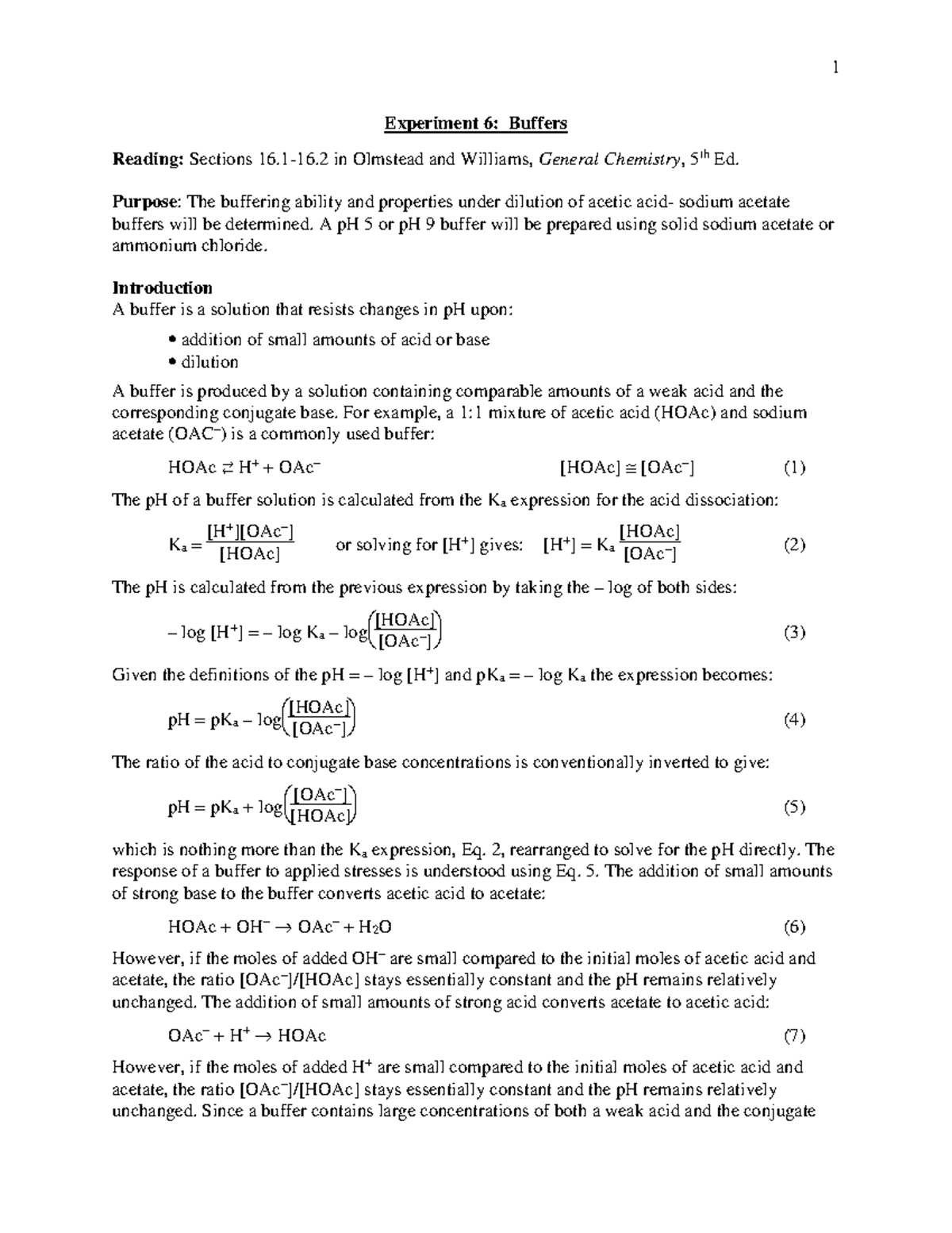 CH142Exp6Buffers - Buffer Activity - Experiment 6: Buffers Reading ...