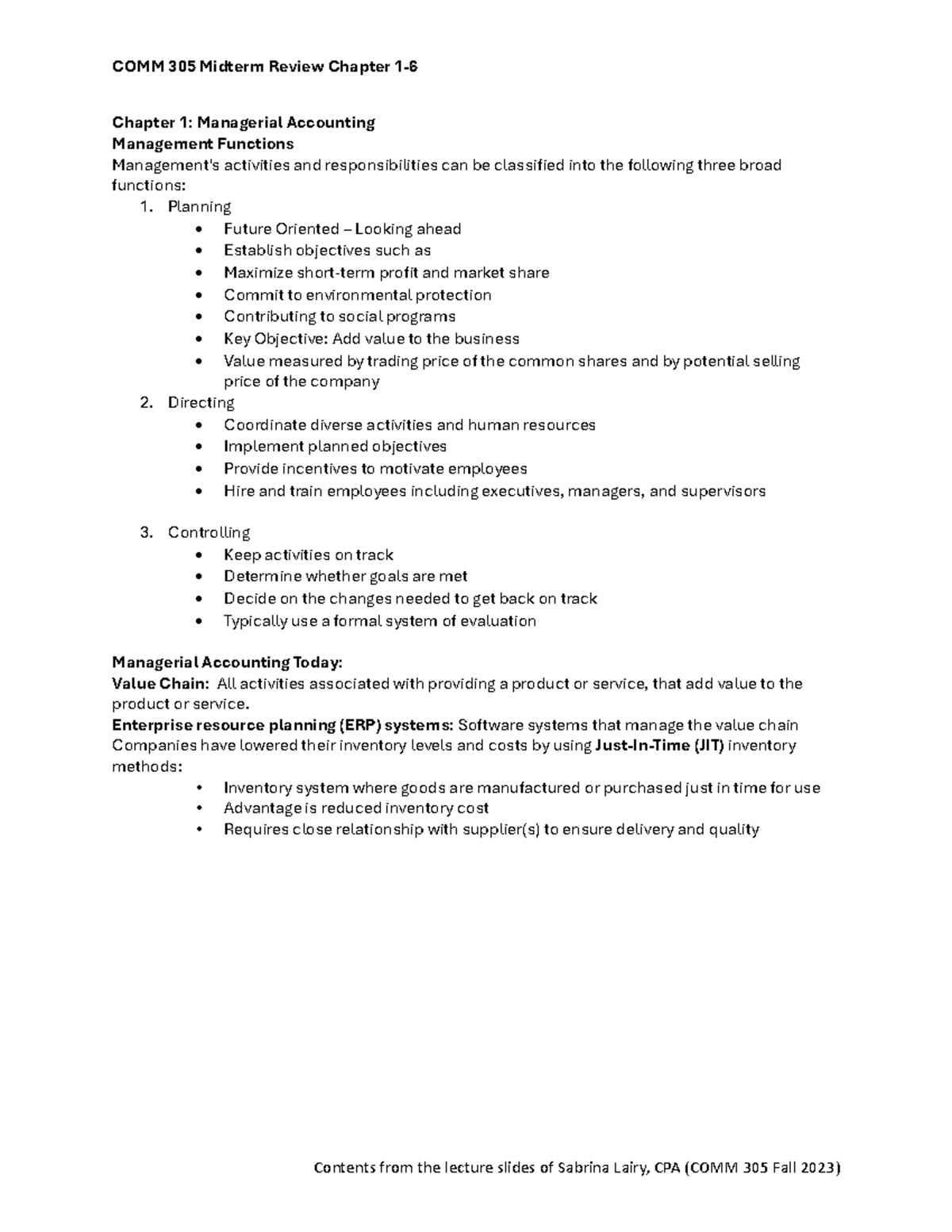 305 Midterm Review - Chapter 1 : Managerial Accounting Management Functions Management's ...