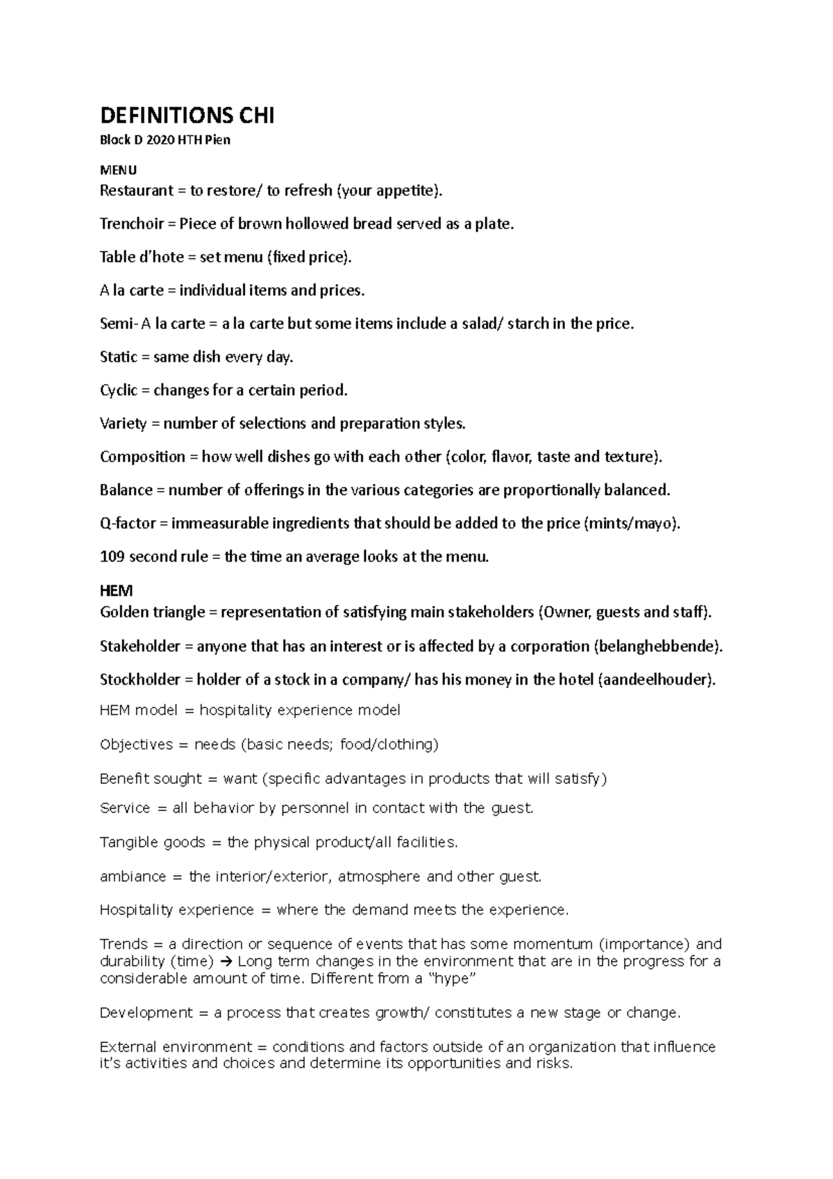 Definitions CHI - Full summary of the classes - DEFINITIONS CHI Block D ...