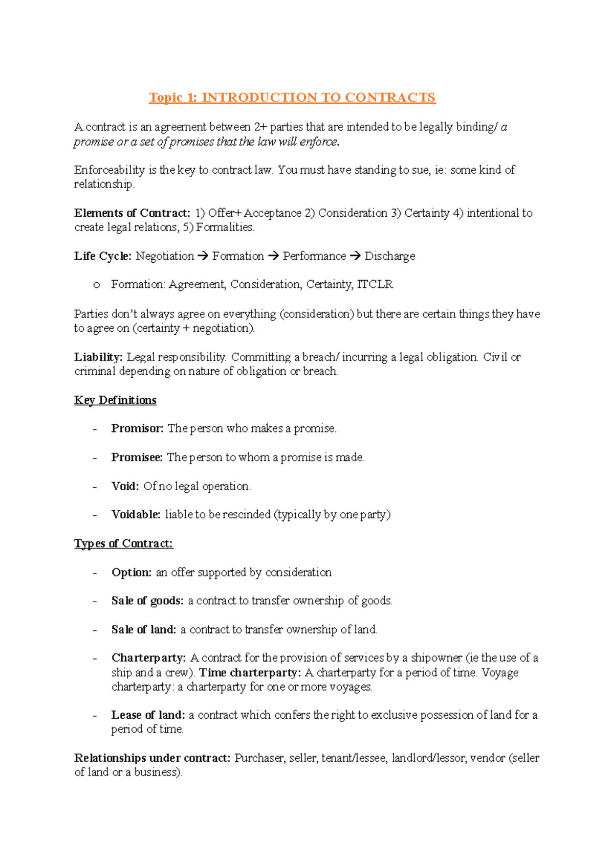 Summary Notes contracts - Topic 1: INTRODUCTION TO CONTRACTS A contract ...