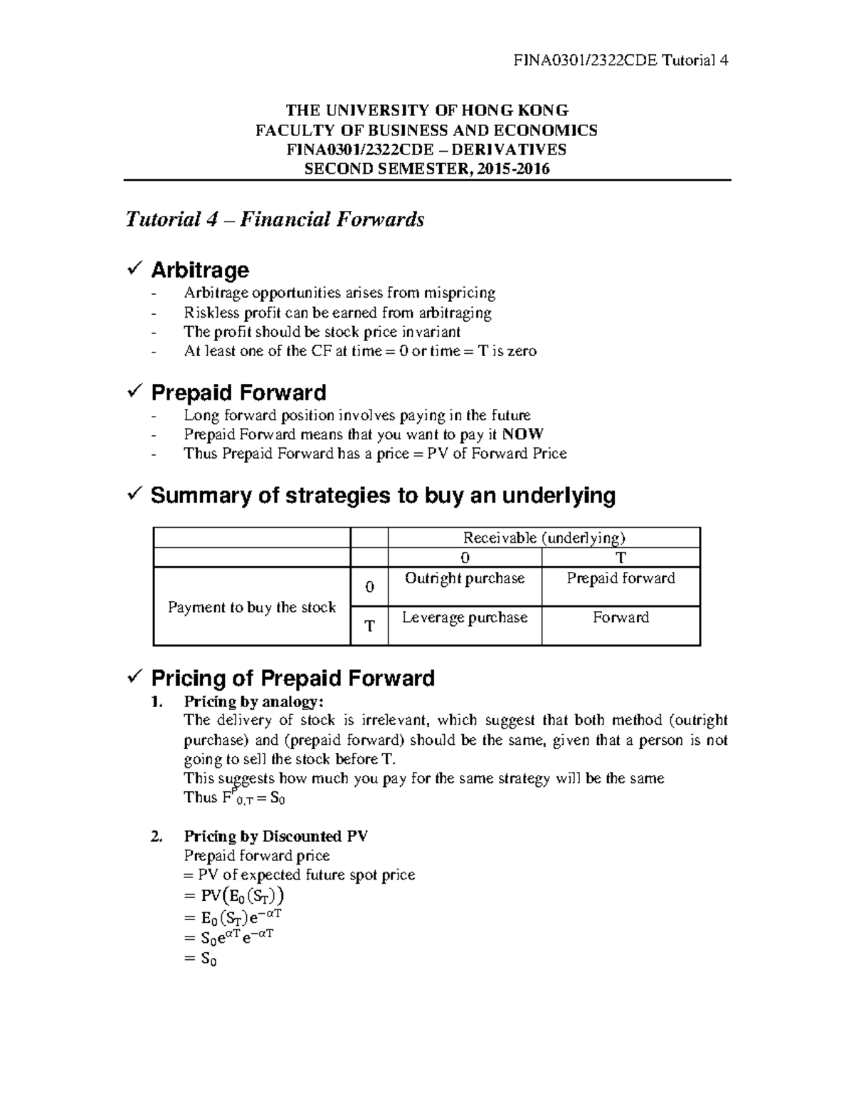 FINA0301 2322 Tutorial 4 - THE UNIVERSITY OF HONG KONG FACULTY OF ...