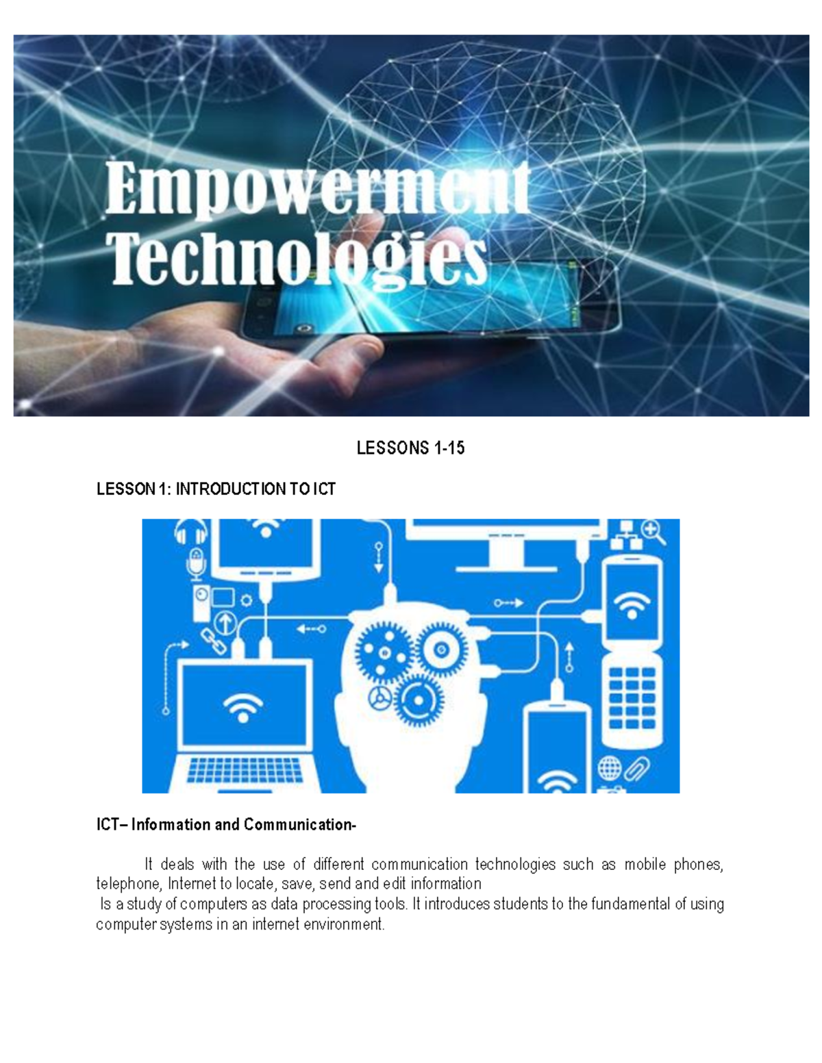 Em-Tech-ebook - Em tech - LESSONS 1- LESSON 1: INTRODUCTION TO ICT ICT ...