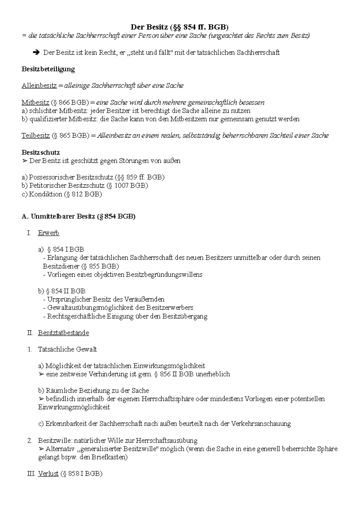 Besitz - Prüfungsschemata und Definitionen - Der Besitz (§§ 854 ff. BGB ...