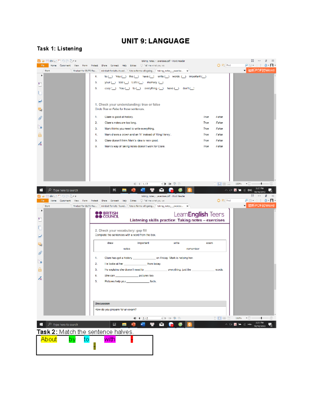 Unit 9 - hvtc - UNIT 9: LANGUAGE Task 1: Listening Task 2: Match the ...