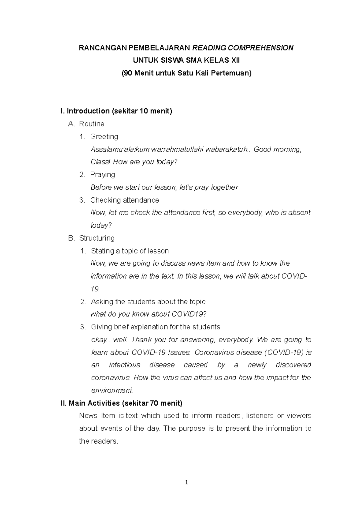 Learning Plan Reading Comprehension Example 7 - RANCANGAN PEMBELAJARAN ...