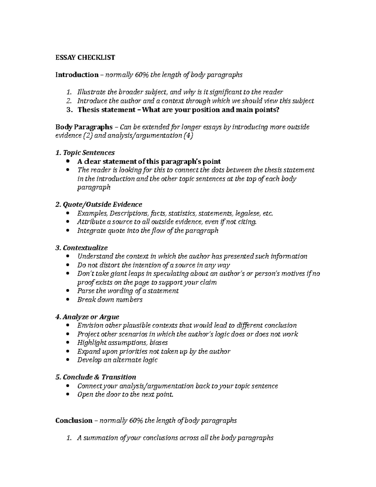 Essay checklist - ESSAY CHECKLIST Introduction – normally 60% the ...
