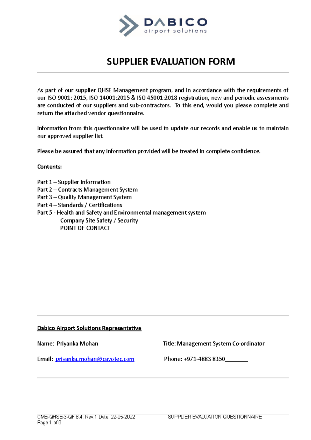 CME-QHSE-3-QF 8.4 Supplier Evaluation Form - SUPPLIER EVALUATION FORM ...