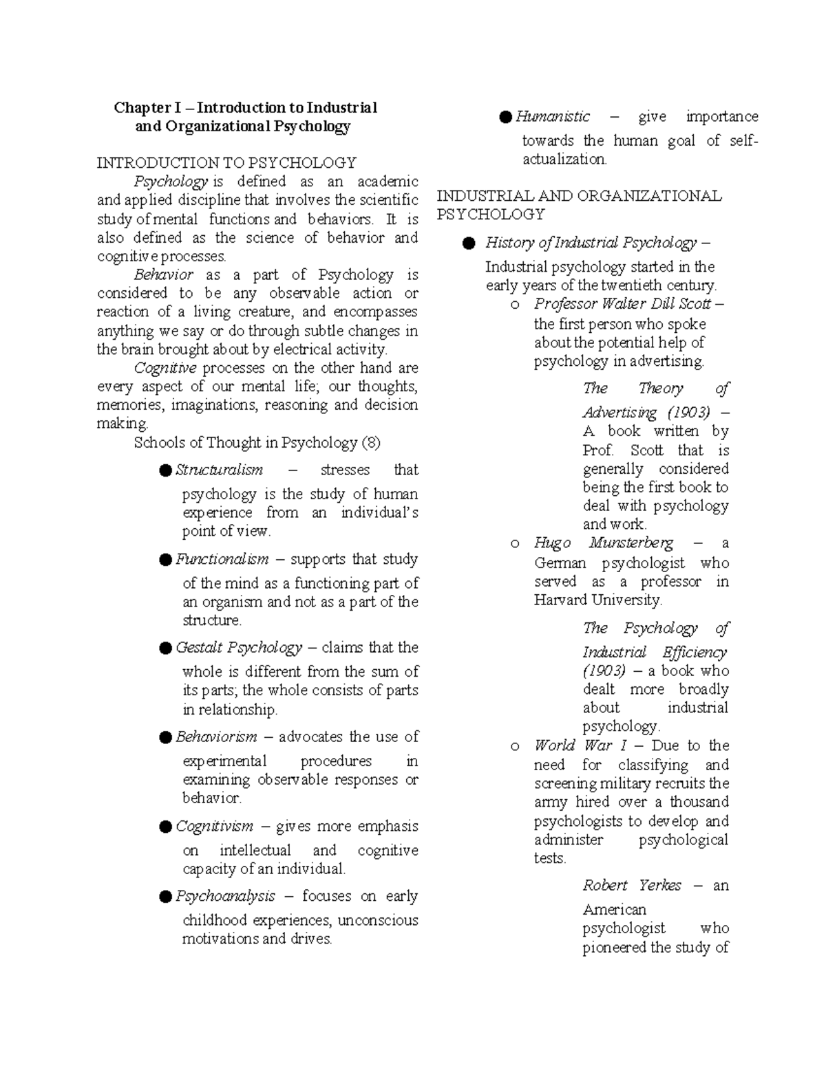 Chapter 1 5 IO Psychology - Chapter I – Introduction to Industrial and Organizational Psychology ...