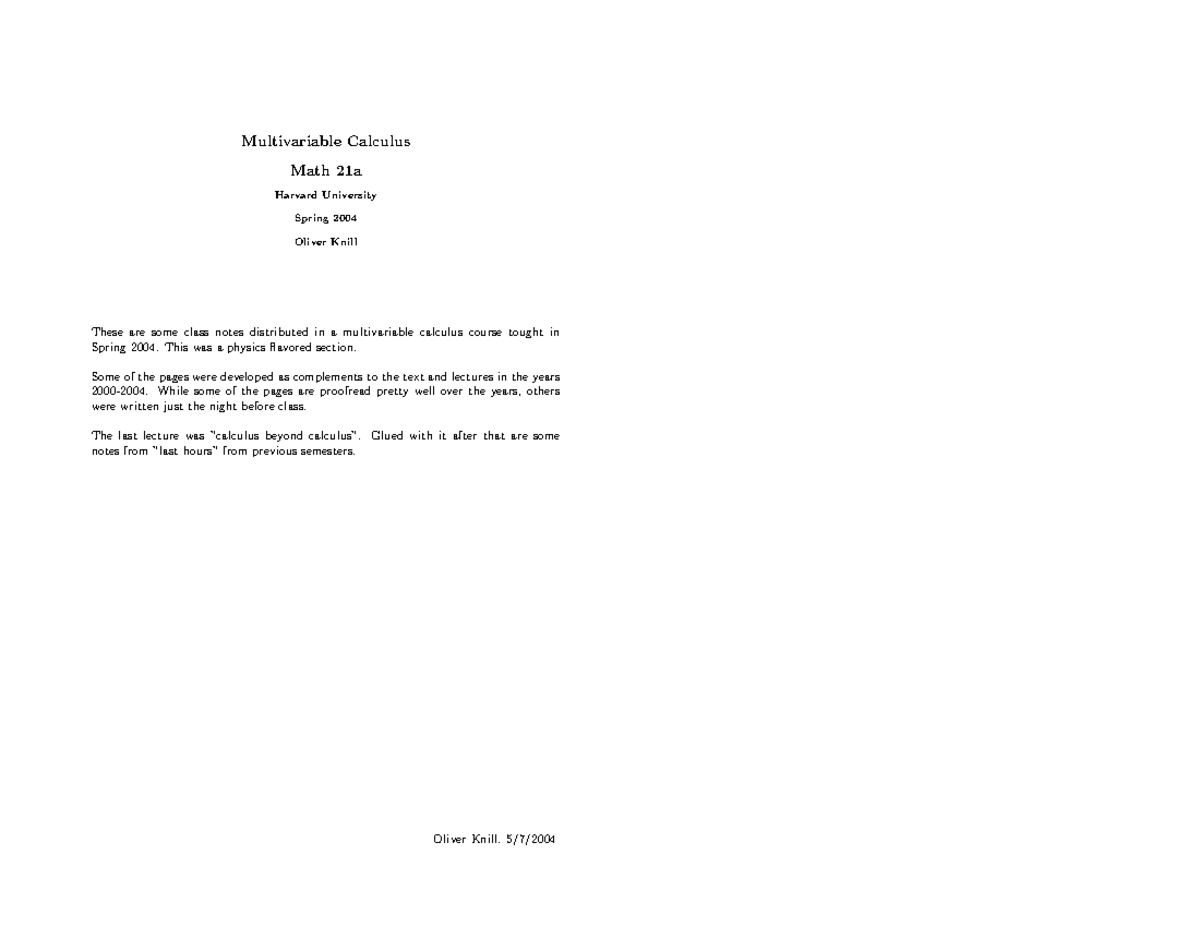 S - FFFFF - Multivariable Calculus Math 21a Harvard University Spring ...