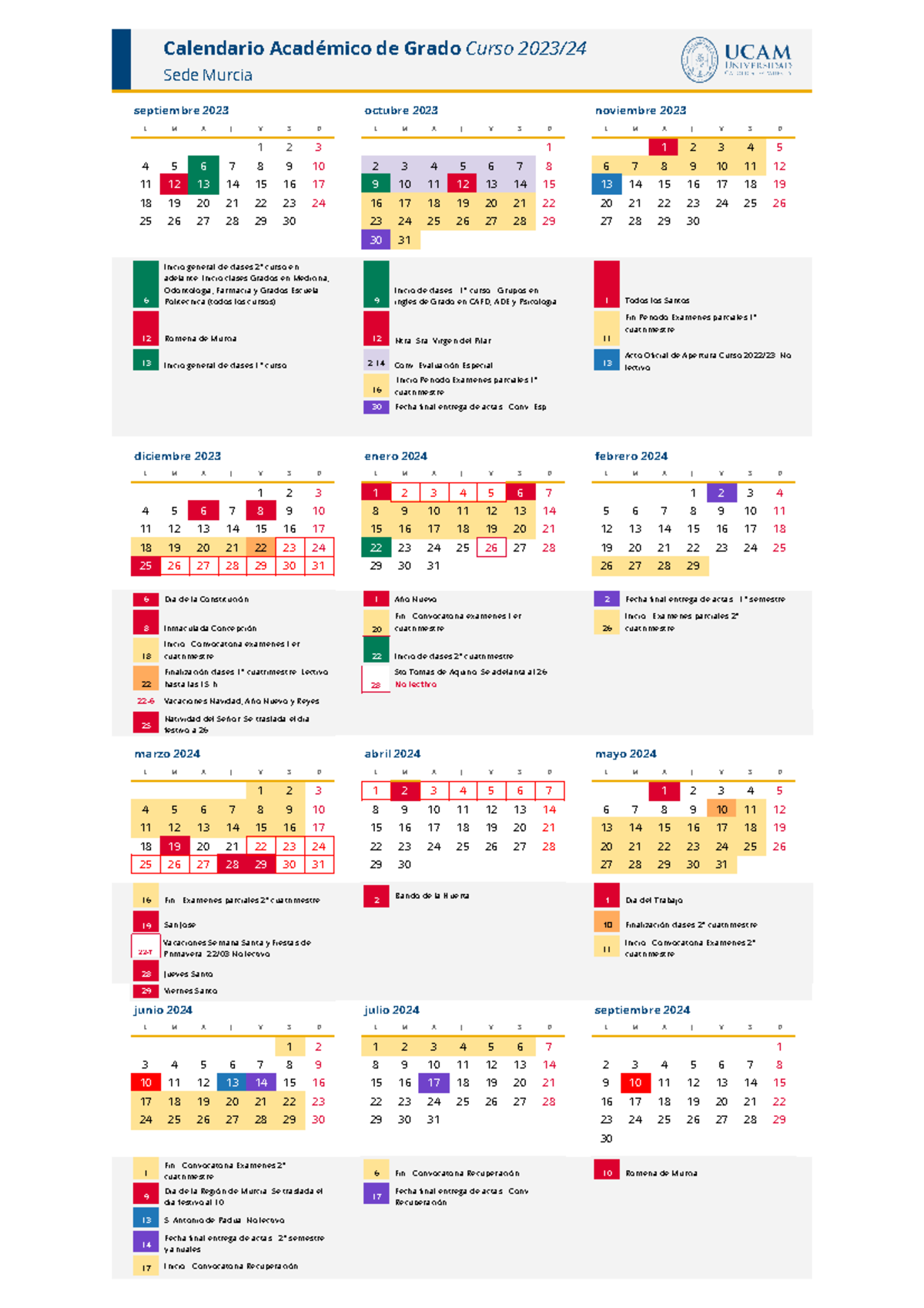 Calendario UCAM 2023-2024 - Murcia Grados (2) - Calendario Académico de ...