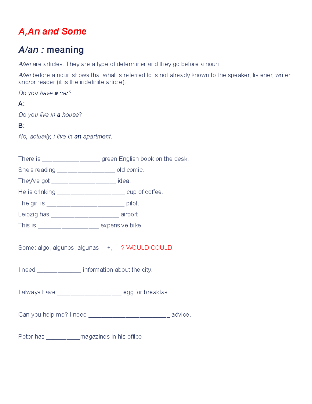 A-An+and+some - es para practicar - A,An and Some A/an : meaning A/an ...
