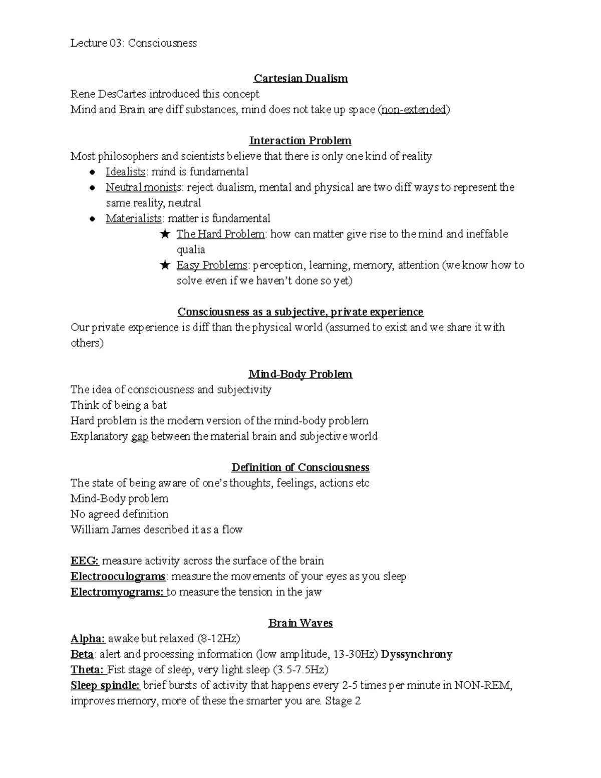 Module 6 notes -PSYC 100 - Lecture 03: Consciousness Cartesian Dualism ...