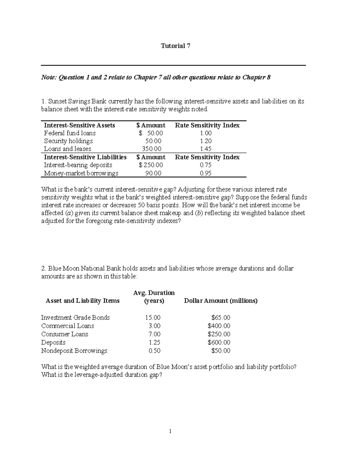 Tutorial 7 Questions - Tutorial 7 Note: Question 1 and 2 relate to ...