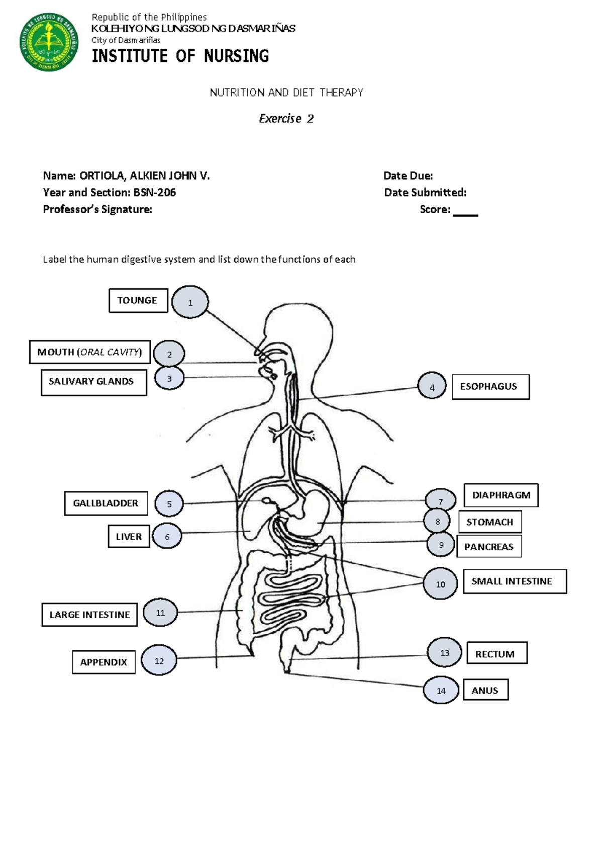 Digestive Exercise 2 ( Ortiola BSN206) - Republic of the Philippines KOLEHIYO NG LUNGSOD NG ...