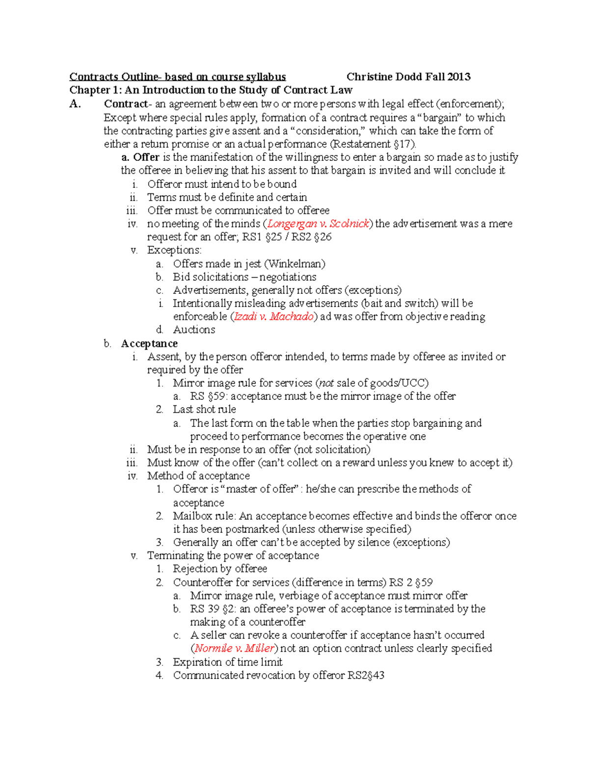 219323036 1L Contracts Outline - Contracts Outline- based on course ...