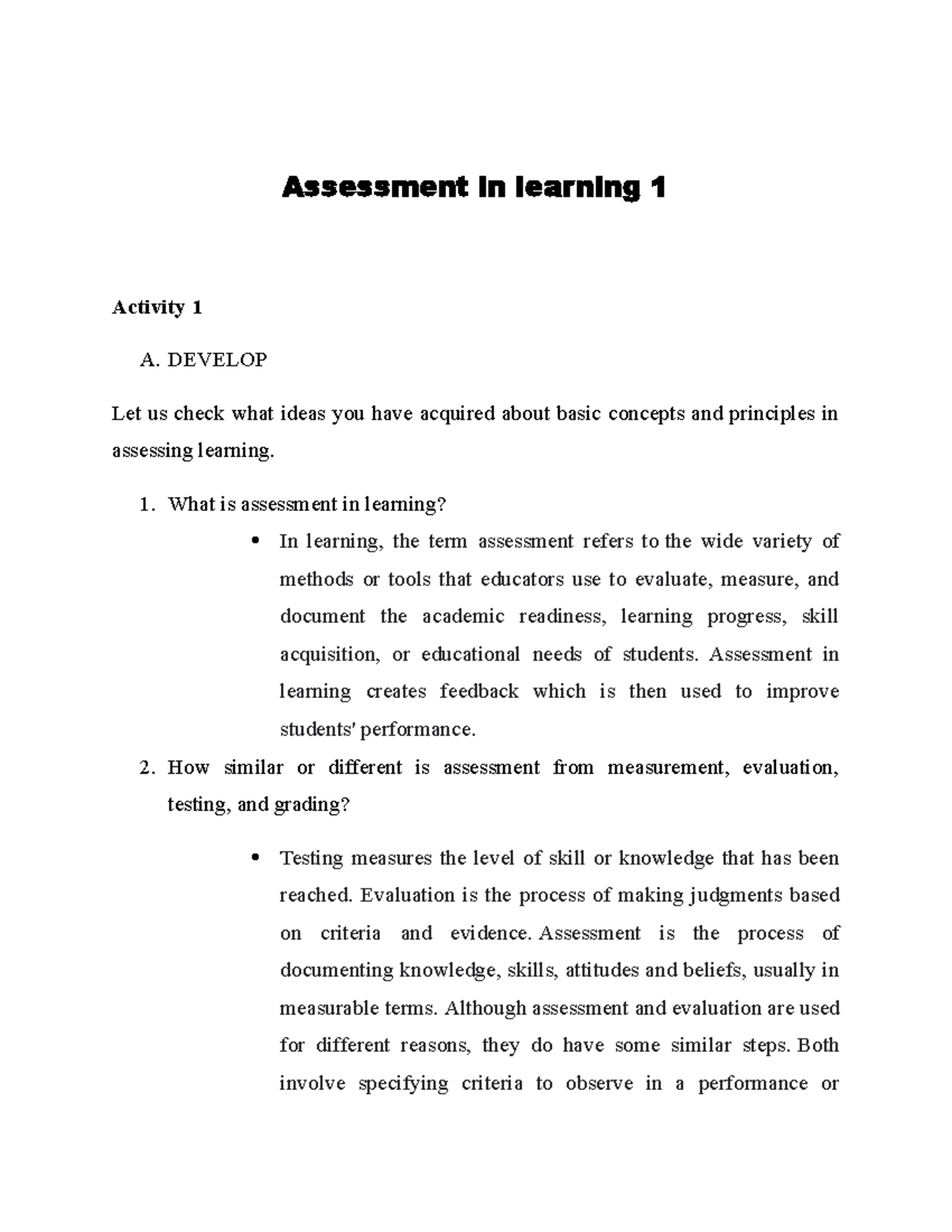 Assessment in learning 1 Assignment - Assessment in learning 1 Activity ...