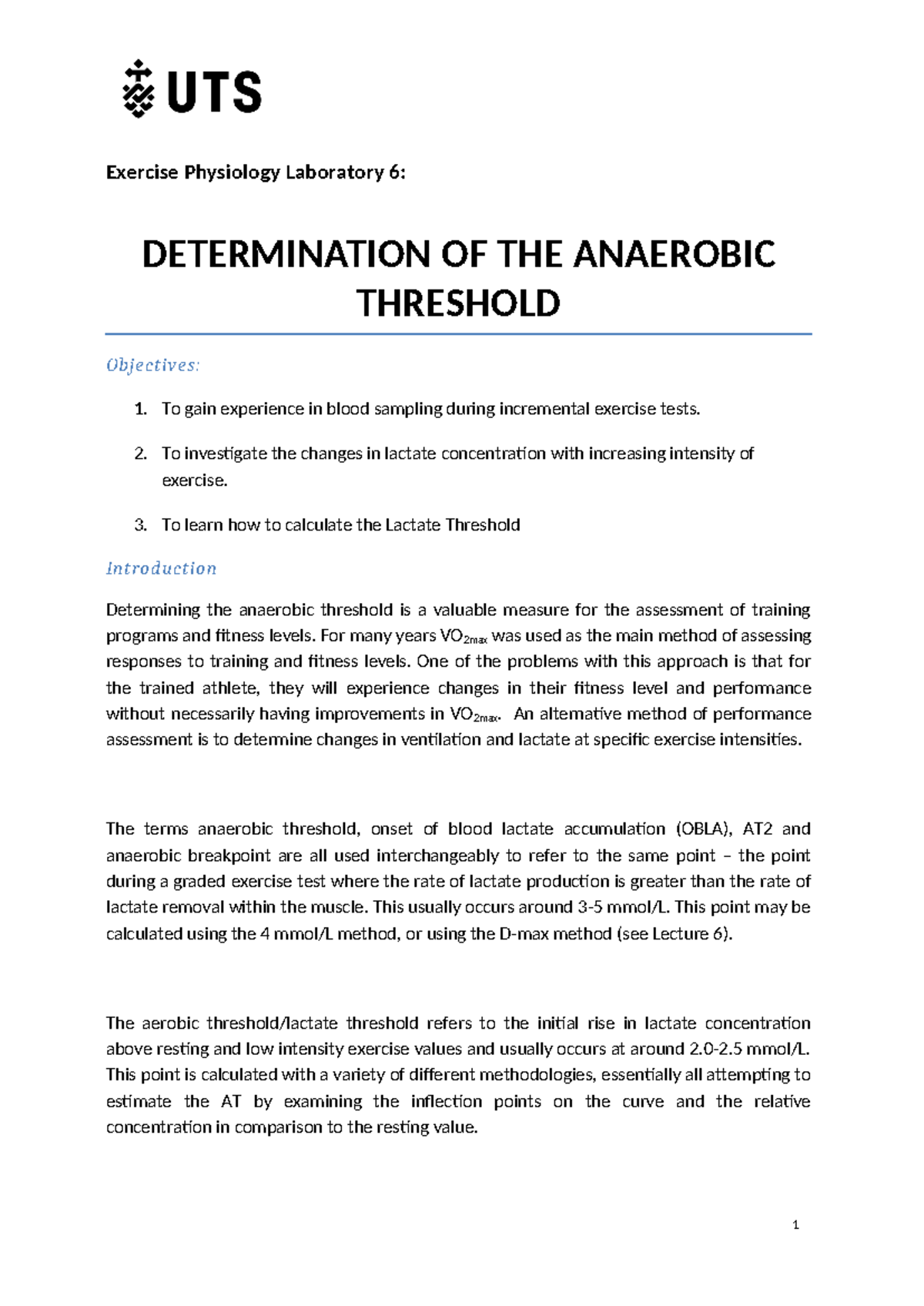 Lab 6 - Anaerobic Threshold - Exercise Physiology Laboratory 6: DETERMINATION OF THE ANAEROBIC ...