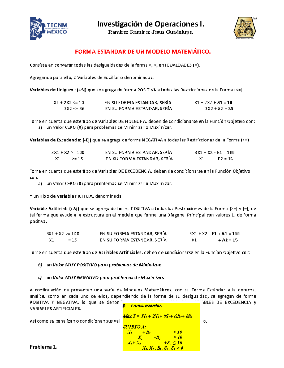 Forma Estándar de un modelo Matemático - FORMA ESTANDAR DE UN MODELO ...