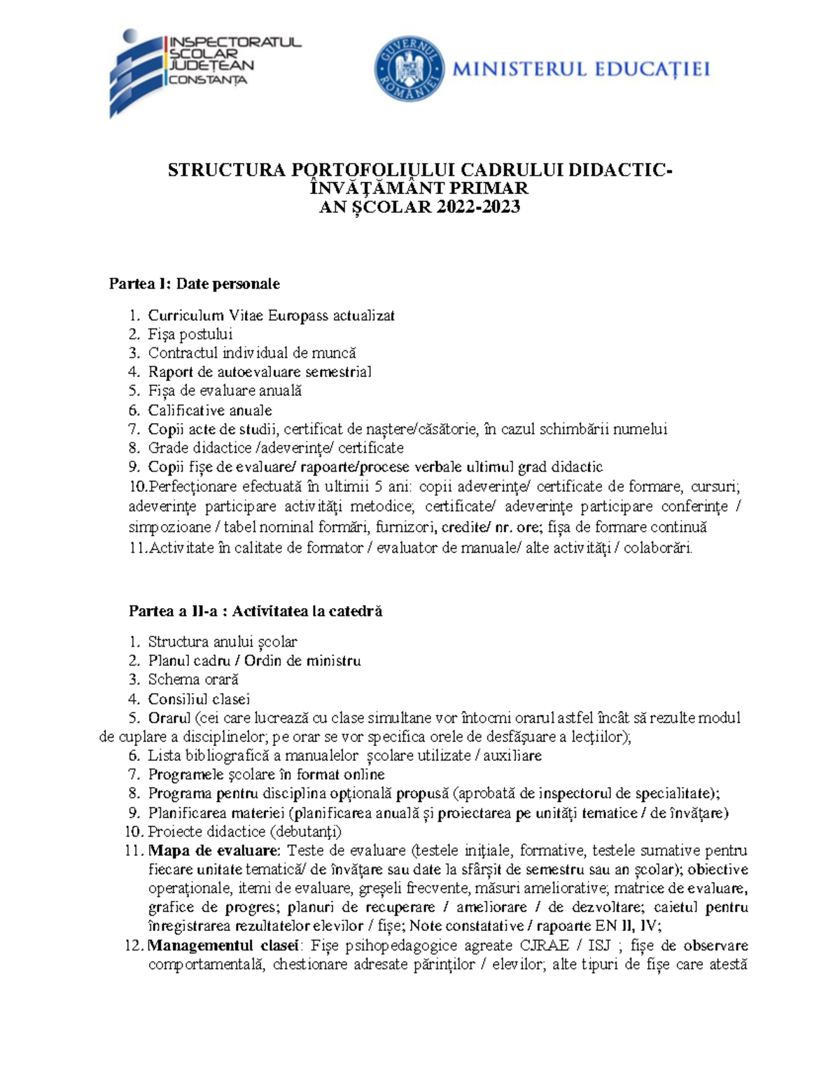 Structura portofoliului învățătorului, an școlar 2022-2023 - STRUCTURA ...