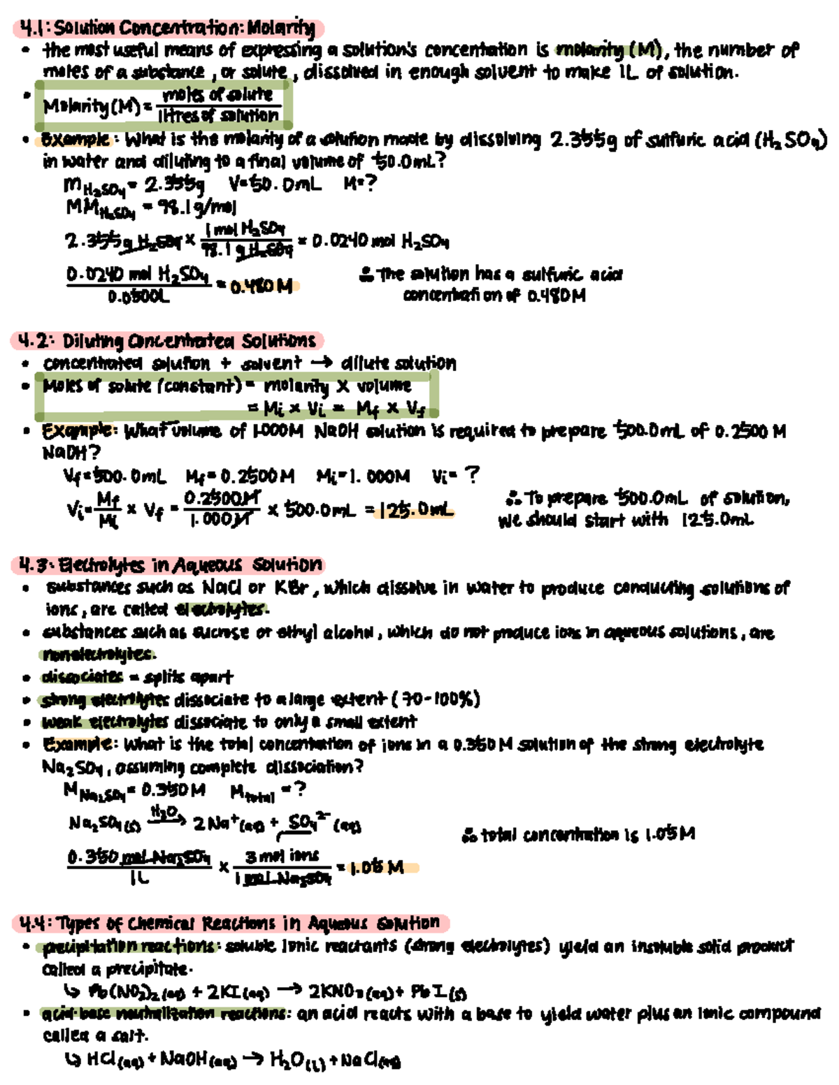 Chapter 4 Notes - 4. 1 : Solution Concentration: Molarity · the most ...