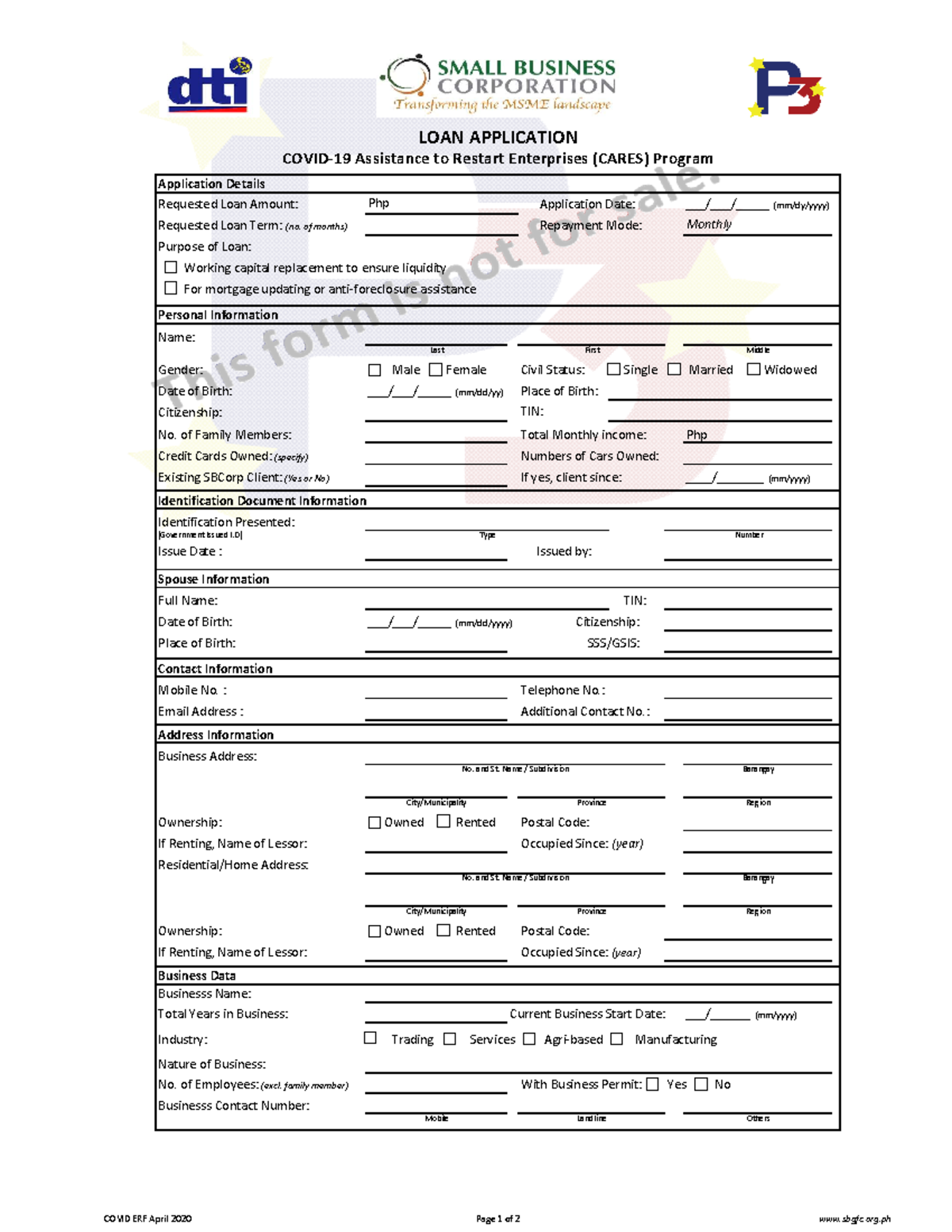 P3 Cares Application Form - Requested Loan Amount: Application Date ...