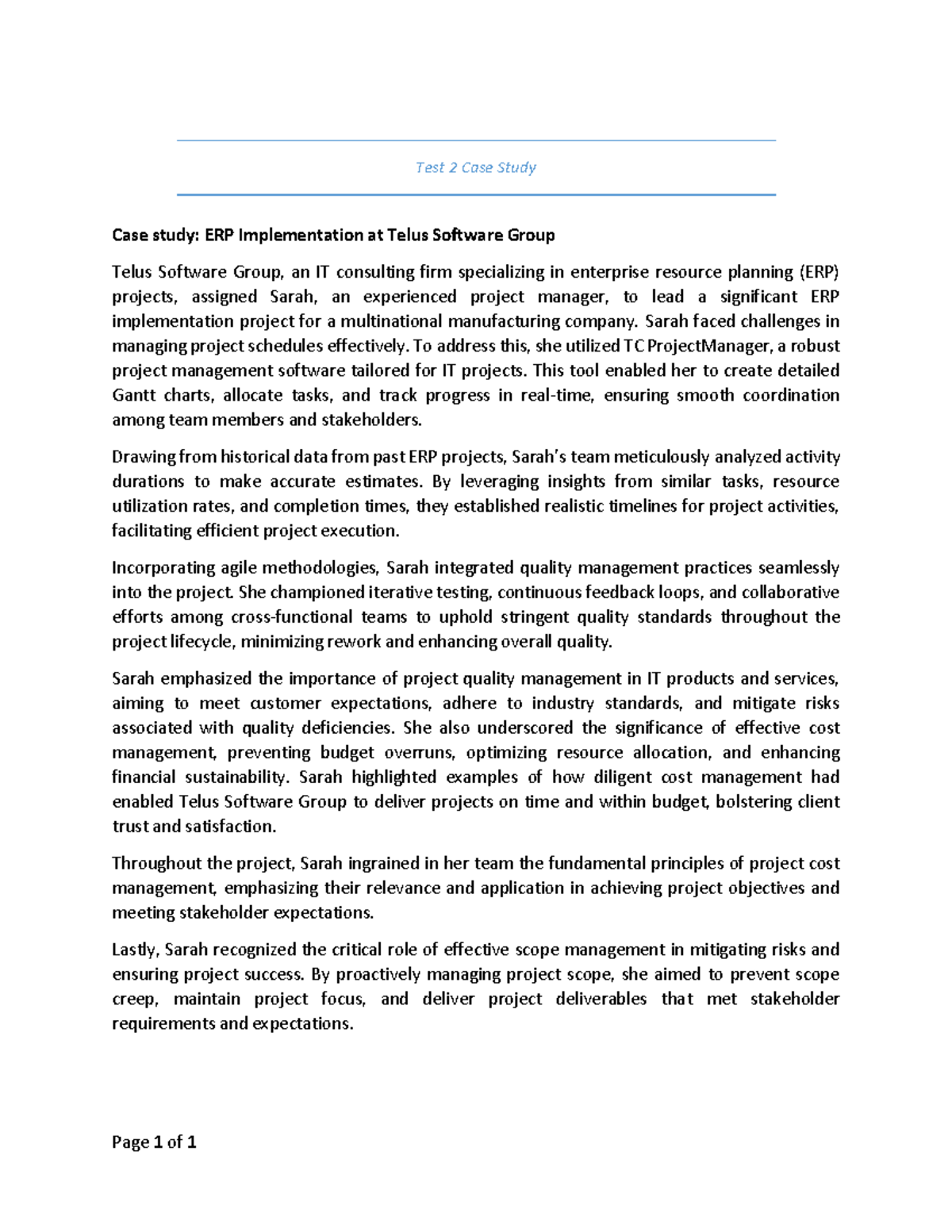Test 2 Case Study - Page 1 of 1 Test 2 Case Study Case study: ERP ...