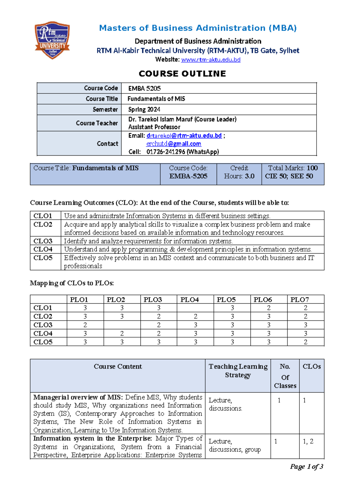 Course Outline Foundaments of MIS EMBA 5205 MBA 6105 Spring 24 ...