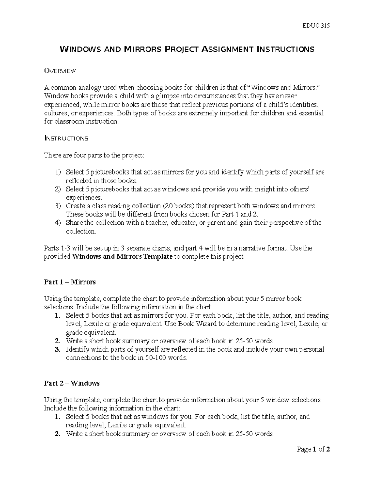 Windows and Mirrors Assignment Instructions - EDUC 315 WINDOWS AND ...