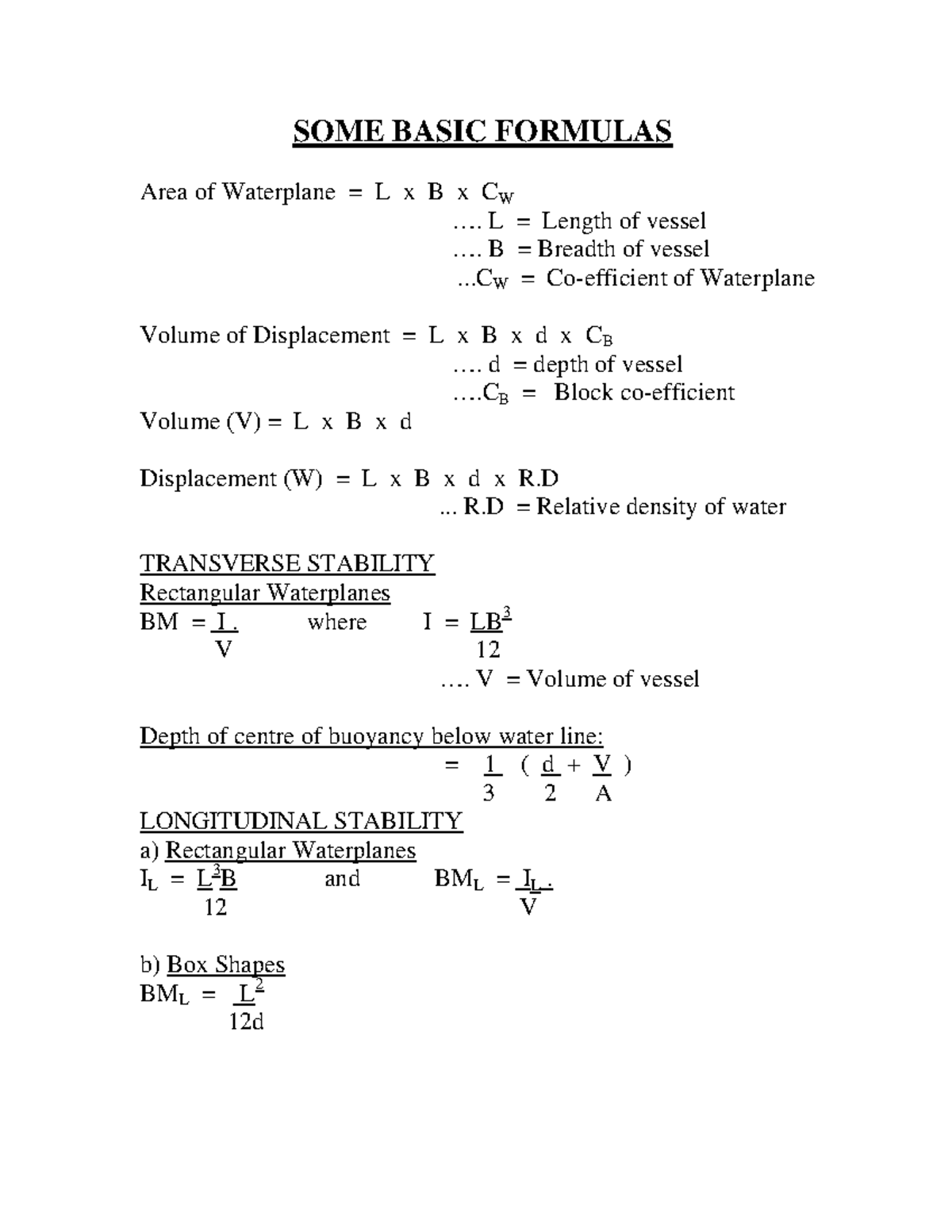 PNA - SHIP Stability Formulae - SOME BASIC FORMULAS Area of Waterplane ...