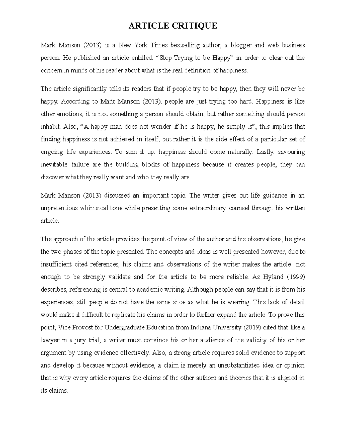 Article Critique - Grade: A+ - ARTICLE CRITIQUE Mark Manson (2013) is a ...