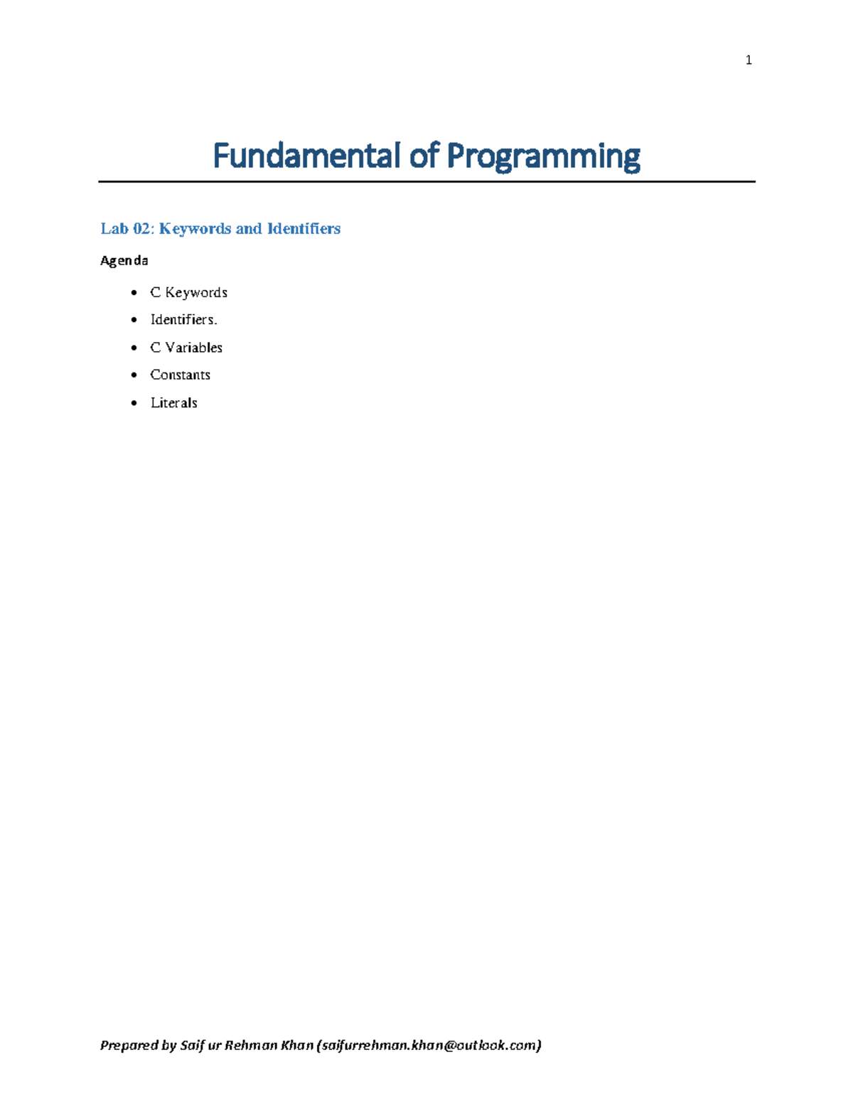 FP-Lab#02 [C Keywords and Identifiers] - Fundamental of Programming Lab ...