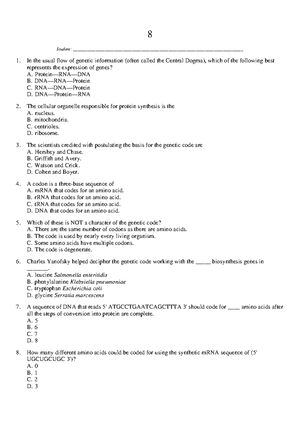 Genetic Information and Protein Synthesis Quiz - Studocu