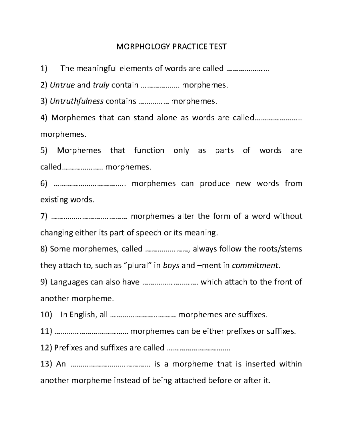 Morphology Practice TEST - MORPHOLOGY PRACTICE TEST The meaningful ...
