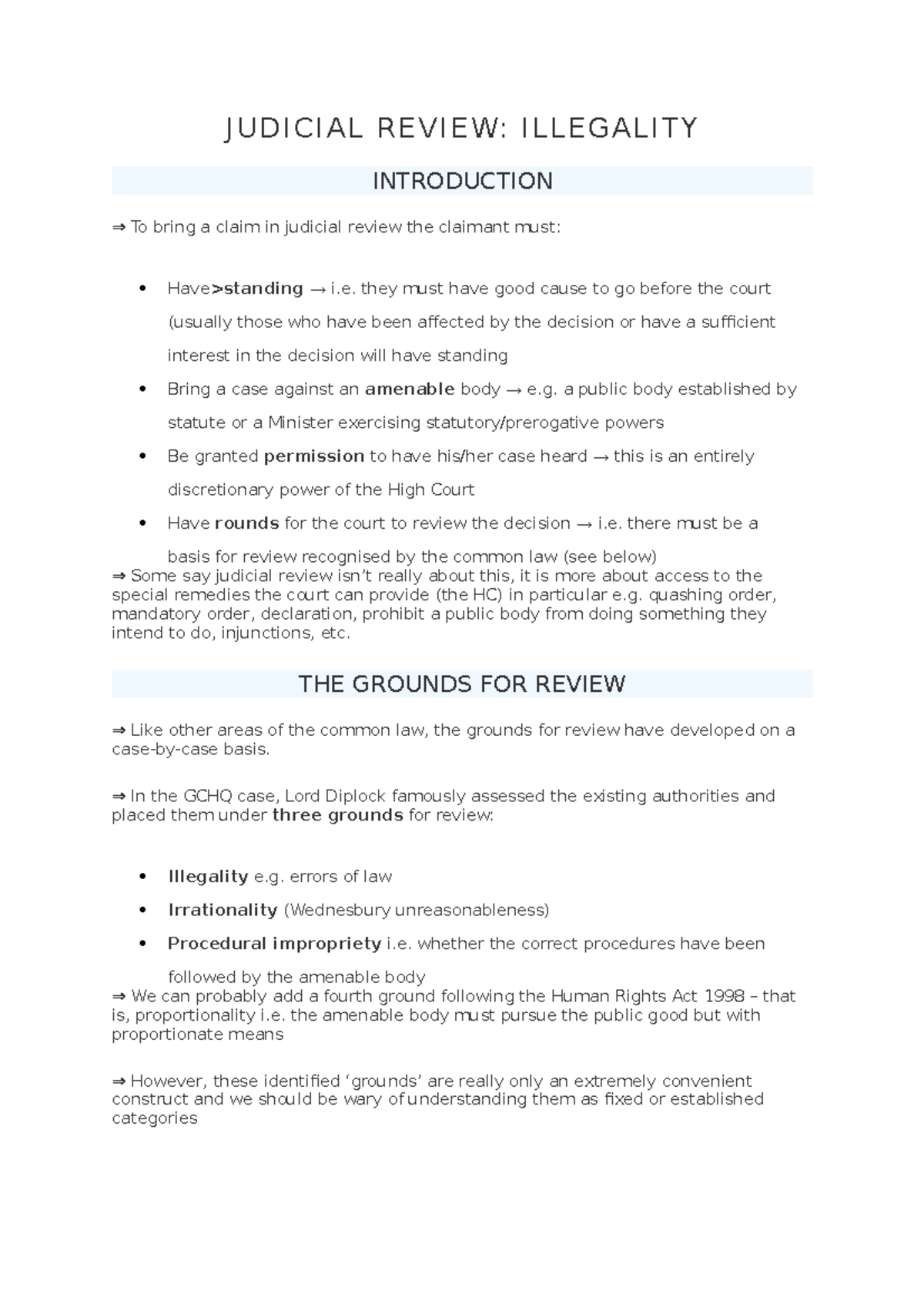 Judicial Review - JUDICIAL REVIEW: ILLEGALITY INTRODUCTION ⇒ To bring a ...